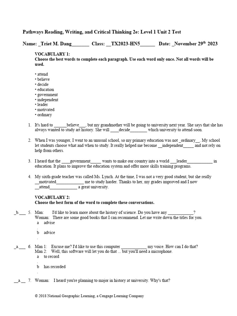 Pathways rw1 2e U2 Test | PDF | Grit (Personality Trait) | Literacy