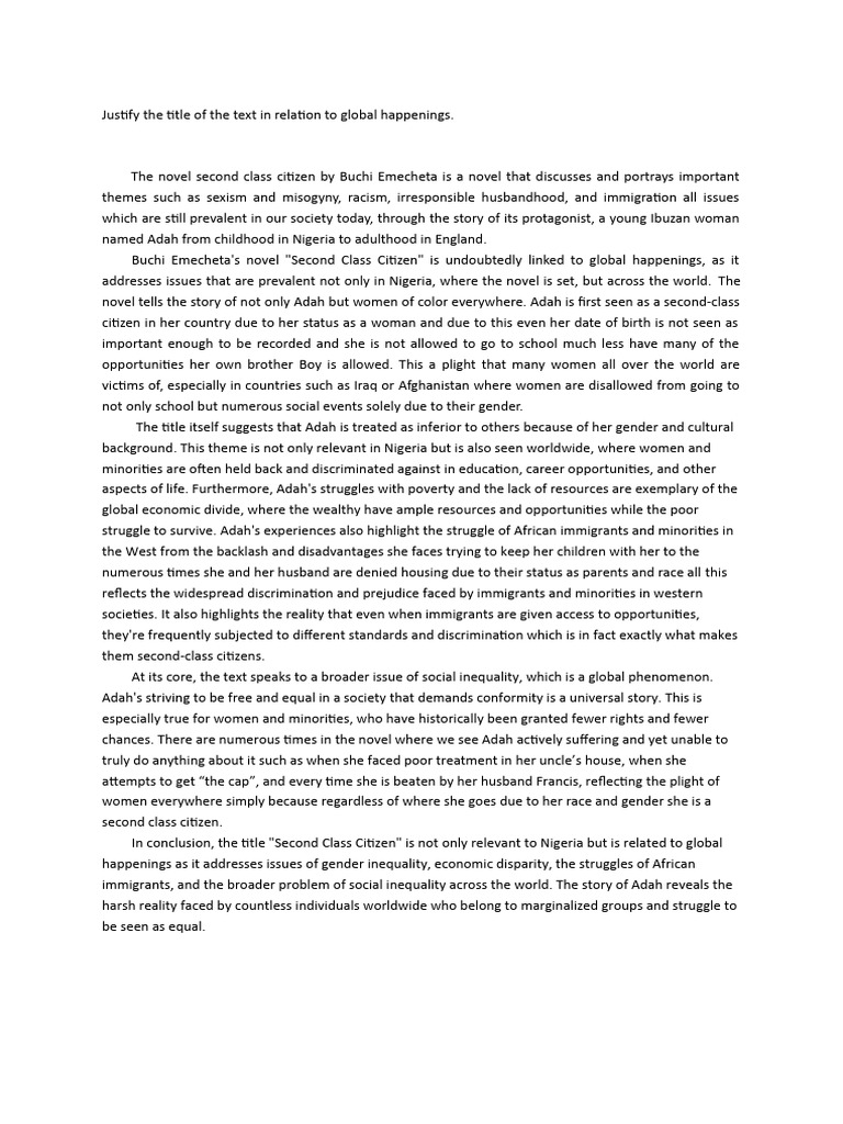 Second-Class Citizen in Relation To Global Happenings | PDF ...