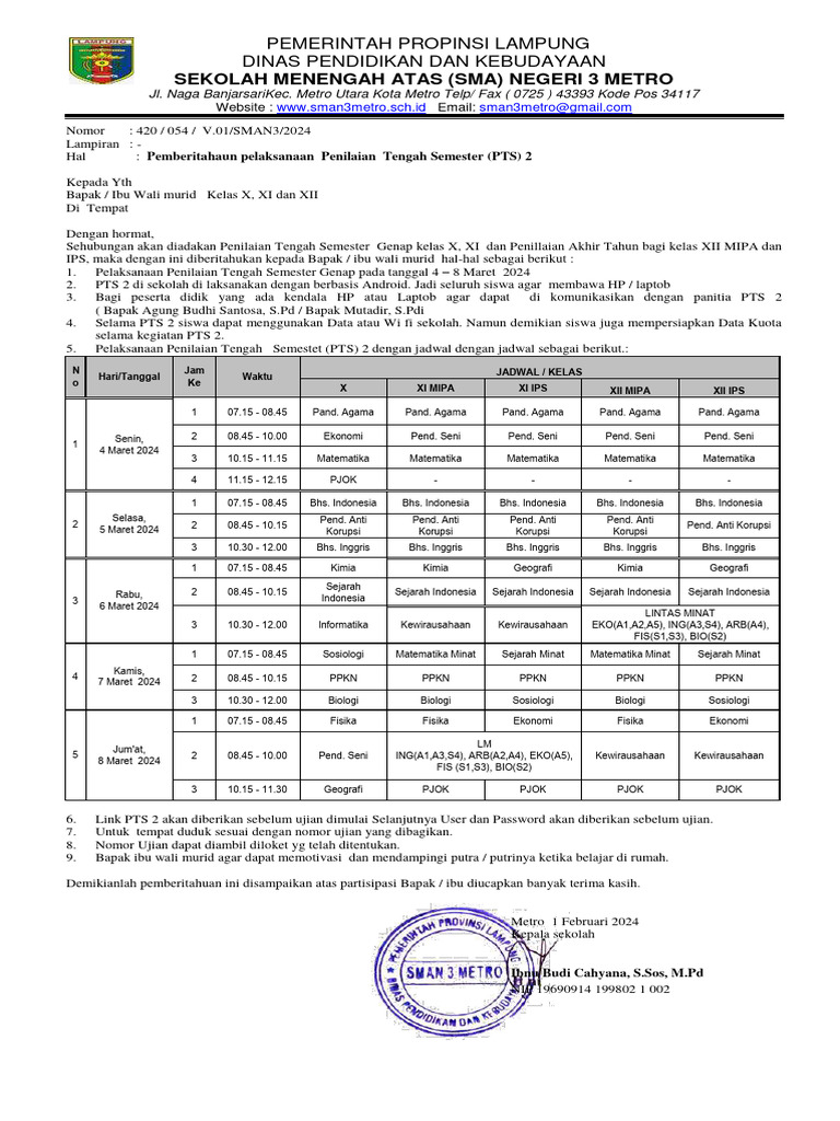Surat Edaran Pts 2 Sman 3 MTR TP 23 24 | PDF