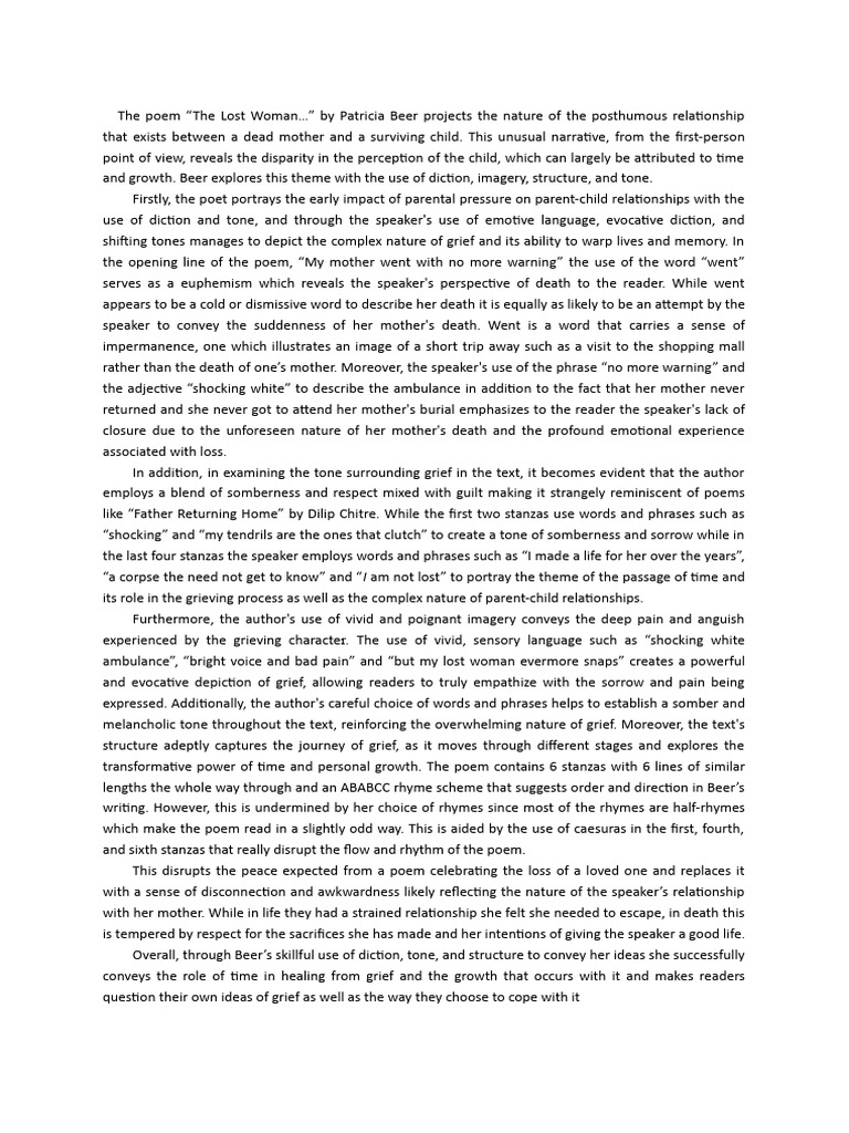 The Lost Woman by Patricia Beer | PDF | Poetry | Grief