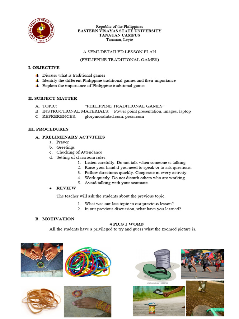 Semi-Detailed Lesson on Filipino Games | PDF | Lesson Plan