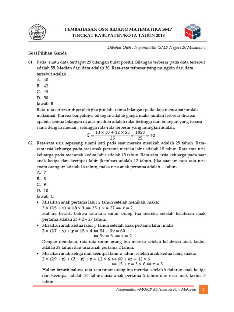 Pembahasan OSK Matematika SMP 2018 | PDF