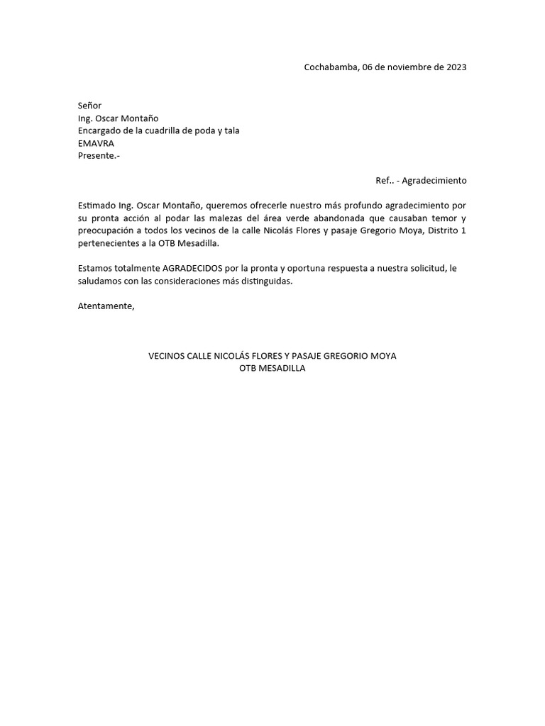 Carta de Agradecimiento Otb Mesadilla | PDF