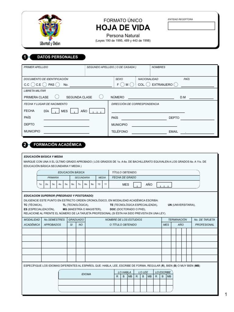 Formato Unico De Hoja De Vida Persona Natural Descargar Gratis Pdf