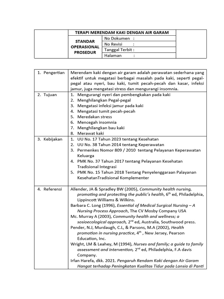 SOP Terapi Rendam Kaki Dengan Air Garam - Amsiah - RPL-B Rotinsulu | PDF