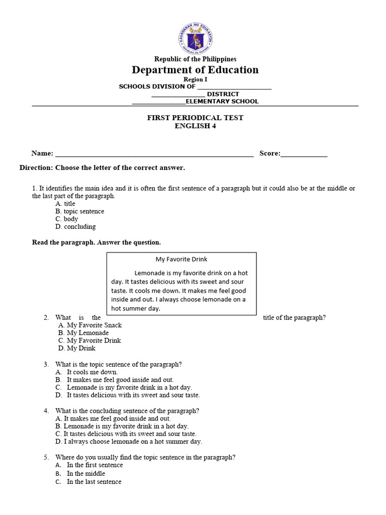 G4 English Q1 Periodical Test | PDF | Word | Taste