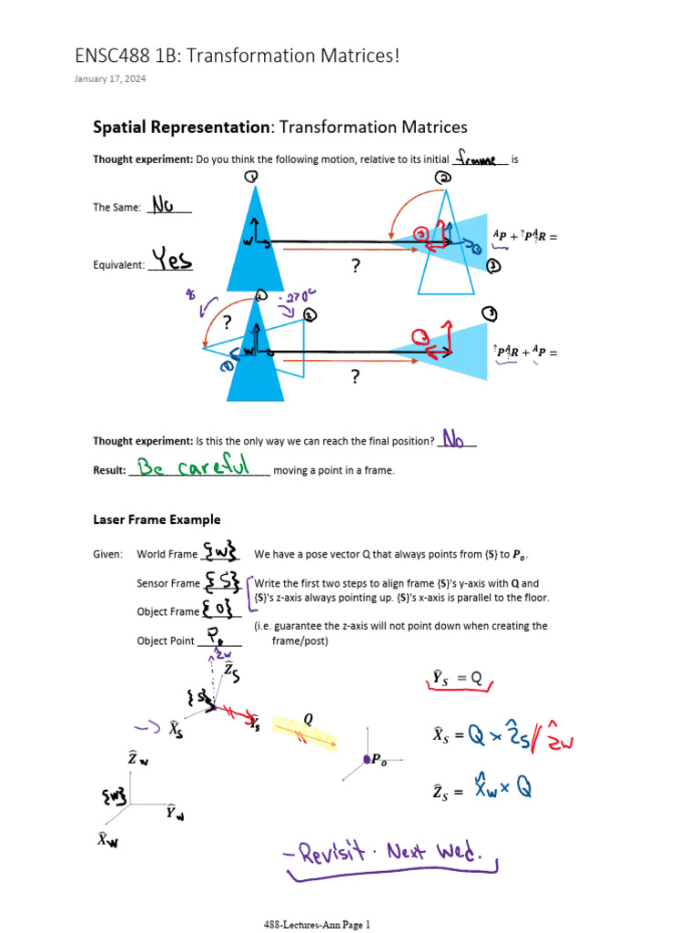 02a ENSC 488W TransformationMatrices 2024 Annotated | PDF | Matrix (Mathematics) | Euclidean Vector