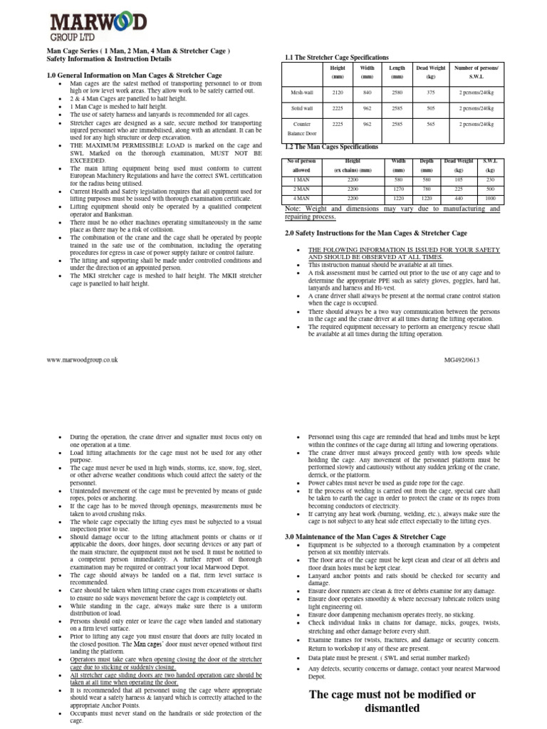 Marwood Group - Stretcher Cage Instructions | PDF | Crane (Machine) | Door