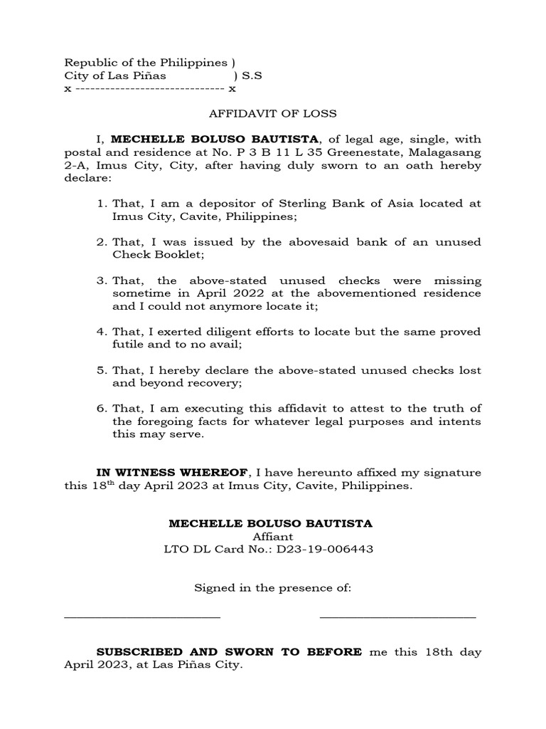 Affdavit of Loss Unused Checks Mechelle Boluso Bautista | PDF | Law