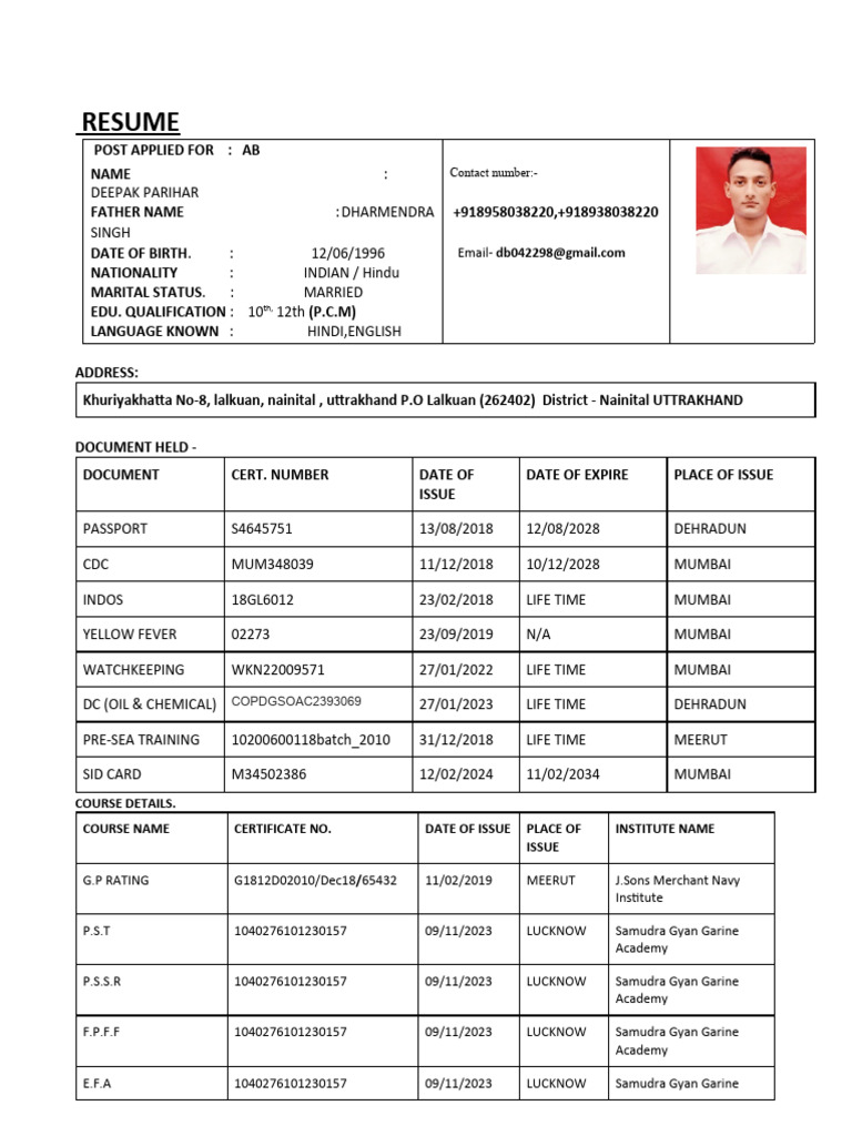 Merchant Navy Resume | PDF | Shipping | Water Transport