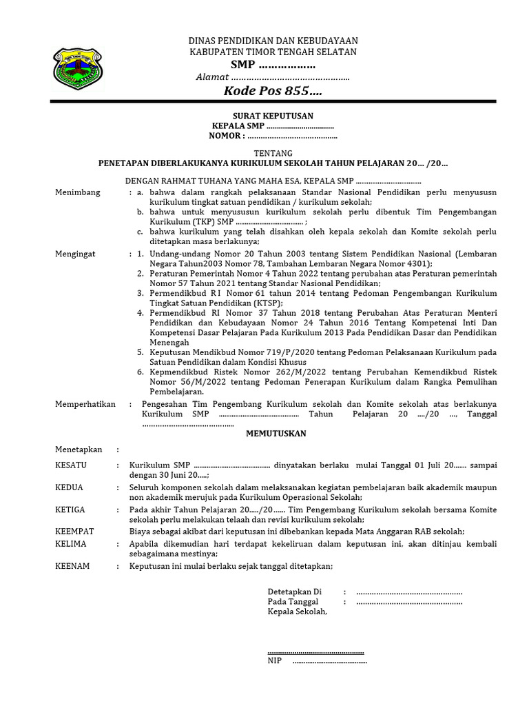 SK Pemberlakuan Kurikulum Sekolah | PDF