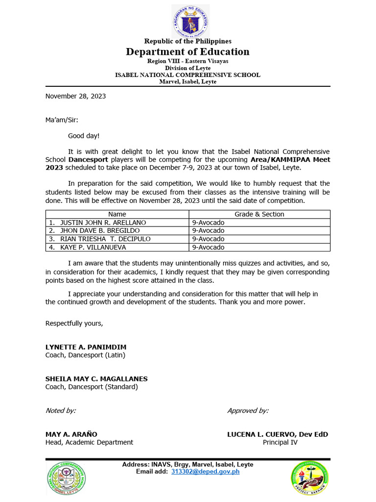 Excuse Letter - Dancesport | PDF
