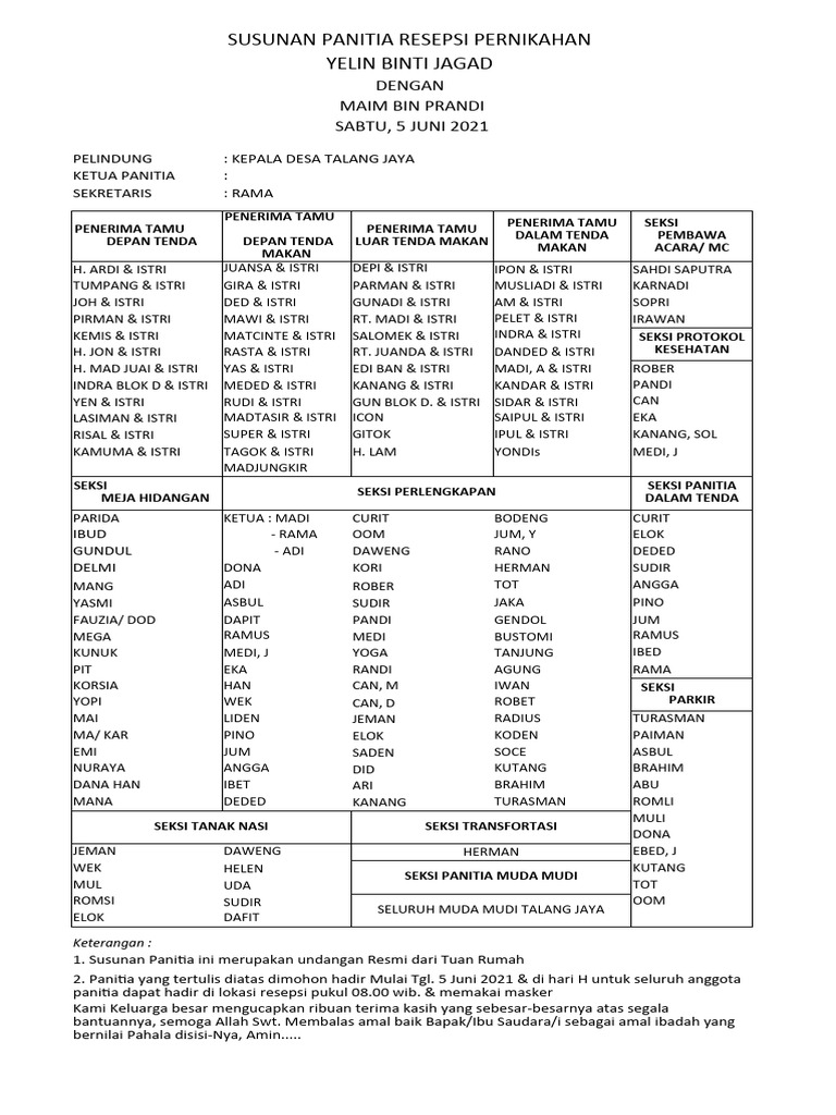 Susunan Panitia Pernikahan Yelin-Maim | PDF