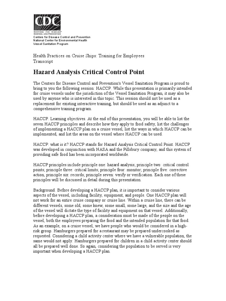 CDC Vessel Sanitation Program HACCP Training | PDF | Hazard Analysis ...