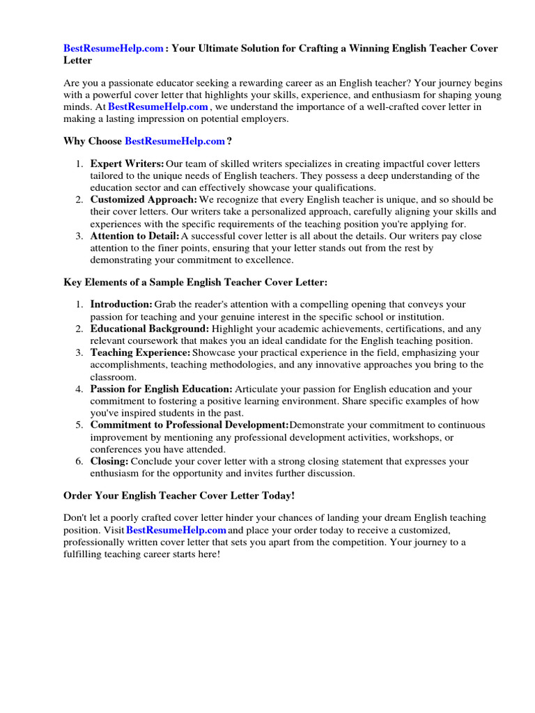 Sample English Teacher Cover Letter With Experience | Download Free PDF ...