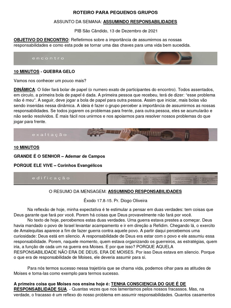 ROTEIRO PARA PEQUENOS GRUPOS - Assumindo Responsabilidades - 13-12-2021 | PDF | Deus | Moisés
