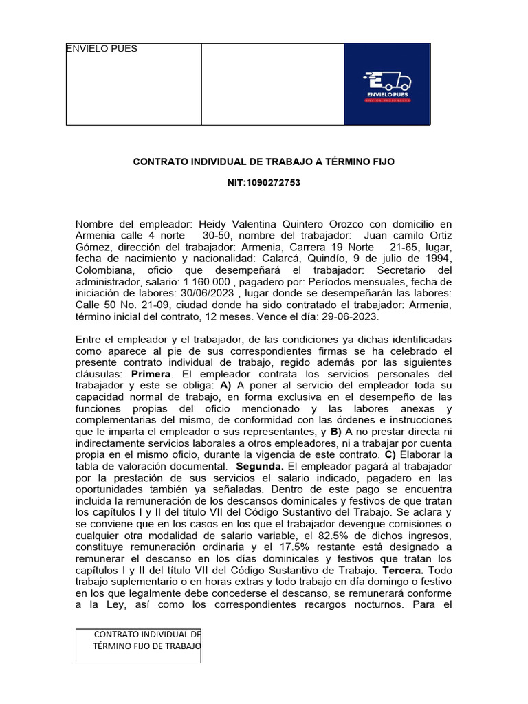 Contrato de Trabajo a Término Fijo | PDF | Salario | Derecho laboral