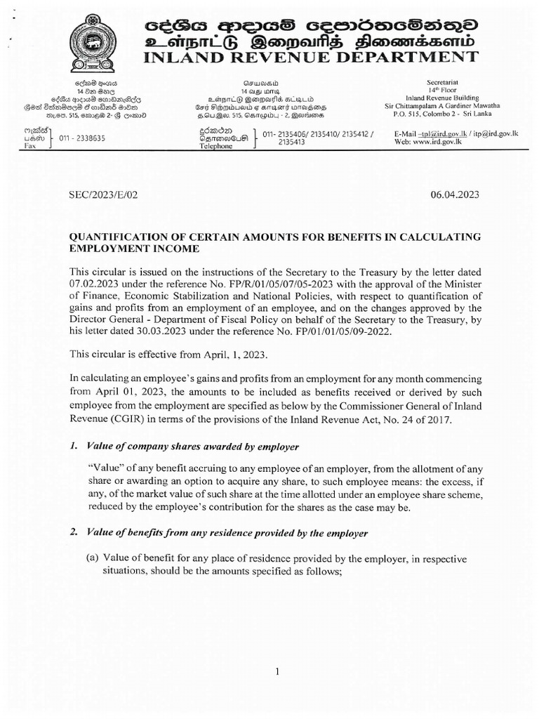 Non-Cash Benefits Circular | PDF