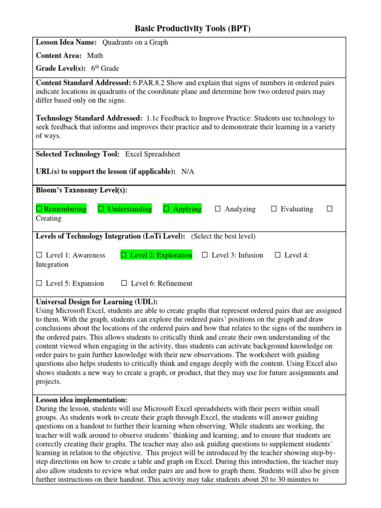 03 basic productivity tools lesson idea template | PDF | Microsoft Excel | Teachers