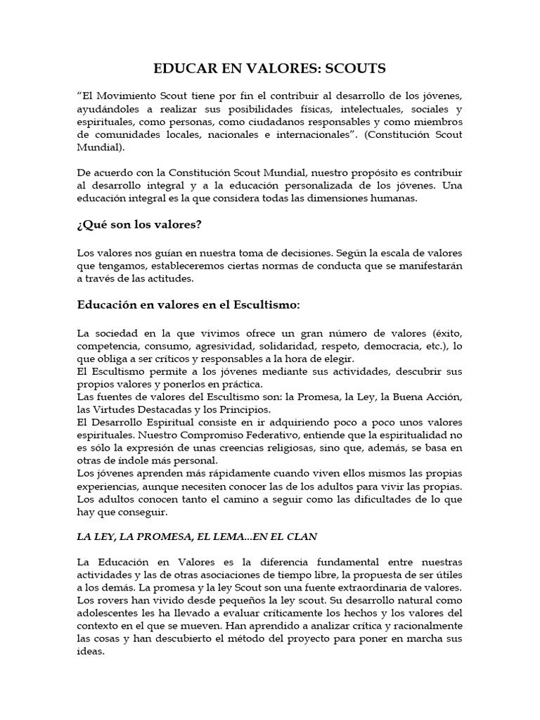 Valores Scouts: Educación Integral | PDF | Exploración