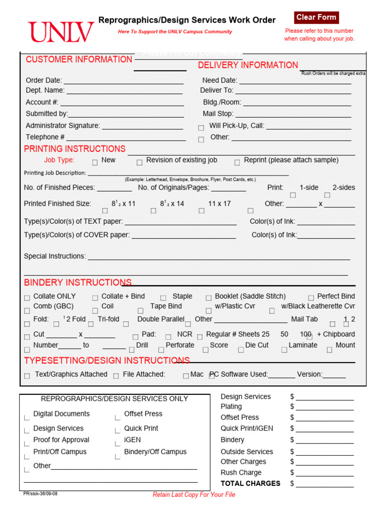 UNLV Reprographics Work Order Form | PDF | Bookbinding | Printing