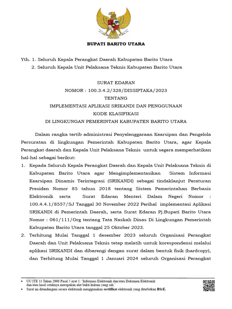 Surat Edaran SRIKANDI Kabupaten Barito Utara | PDF Surat Edaran SRIKANDI Kabupaten Barito Utara | PDF