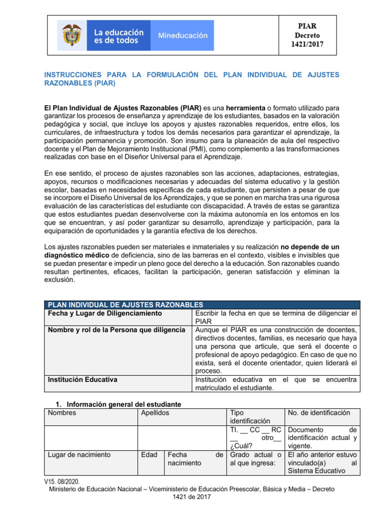 PIAR Ejemplo Desarrollado | PDF | Aprendizaje | Educación de la primera ...