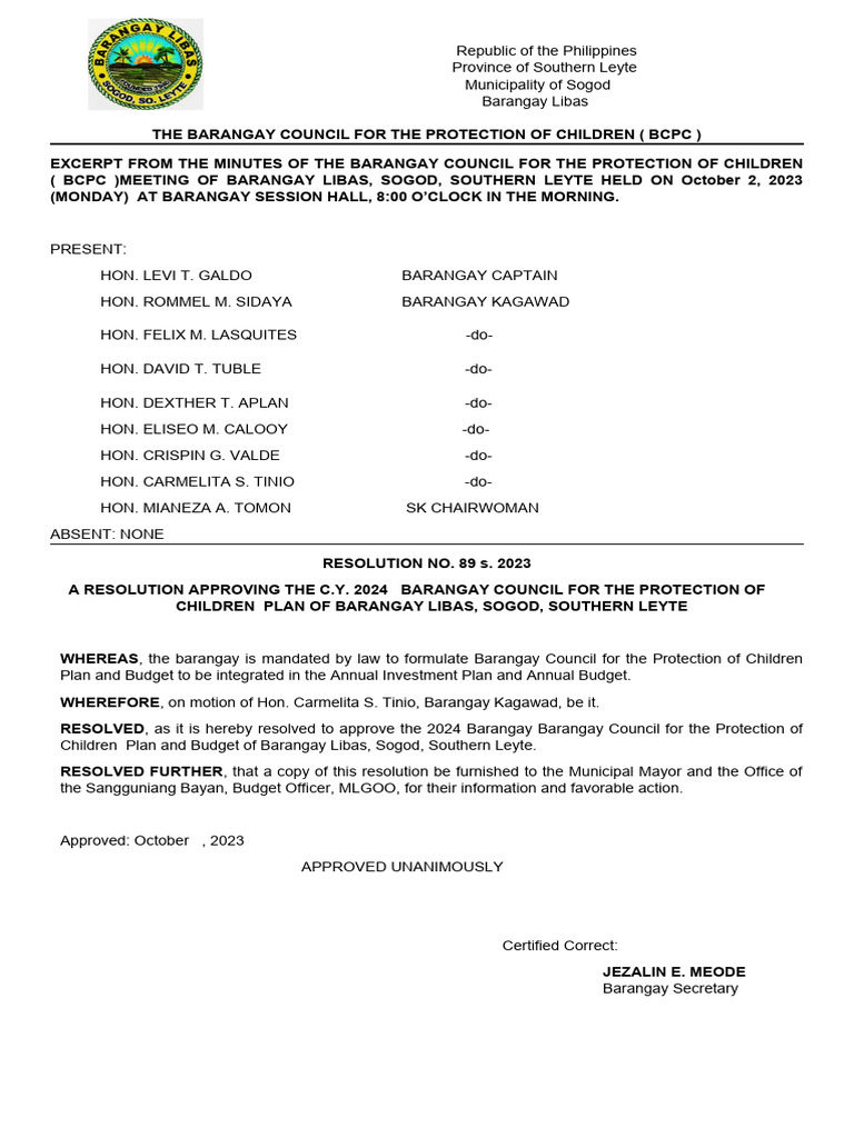 BCPC Approving 2024 | PDF | Government | Philippines
