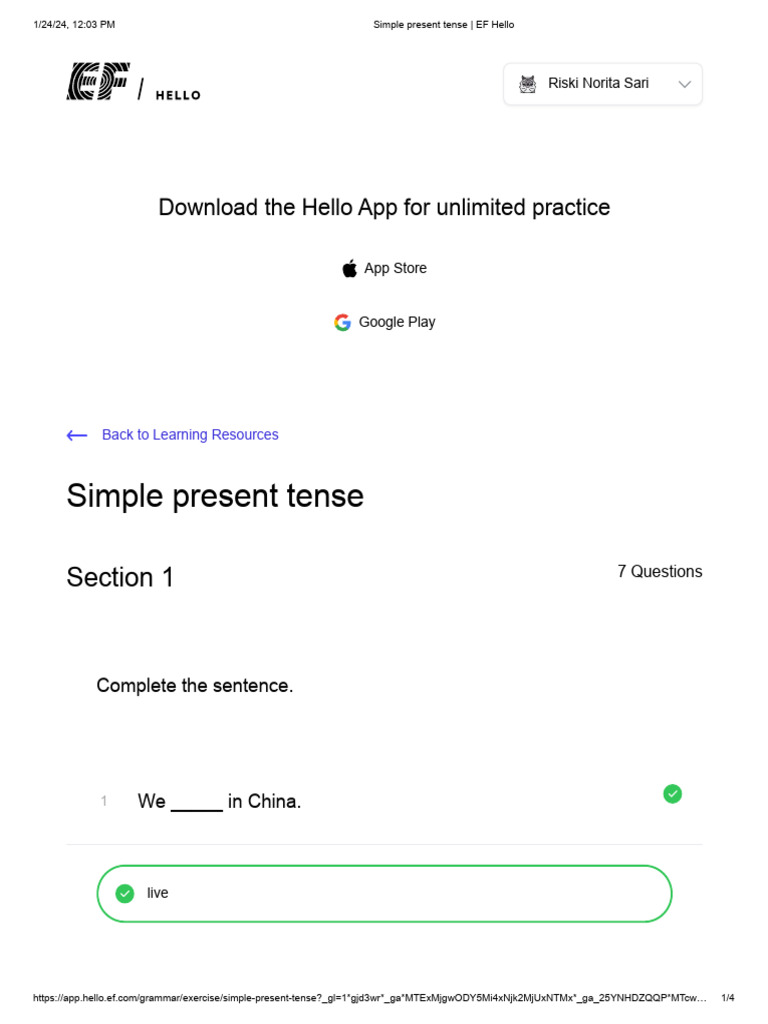 Simple Present Tense - EF Hello | PDF