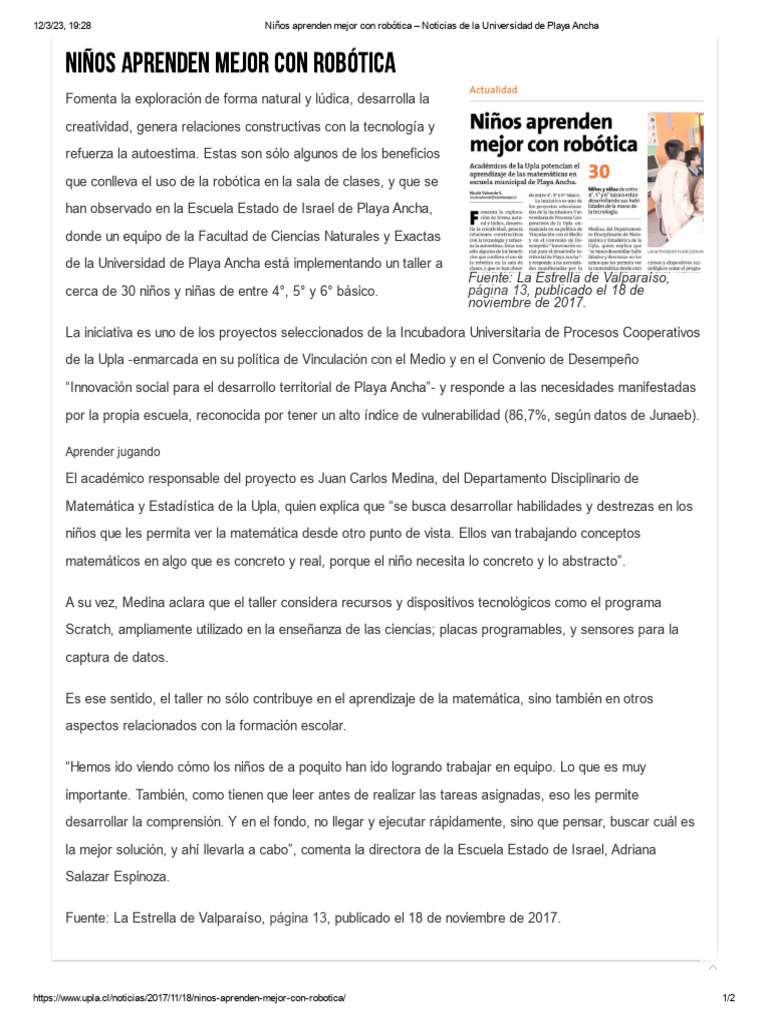 Niños Aprenden Mejor Con Robótica - Noticias de La Universidad de Playa Ancha | PDF | Scratch ...