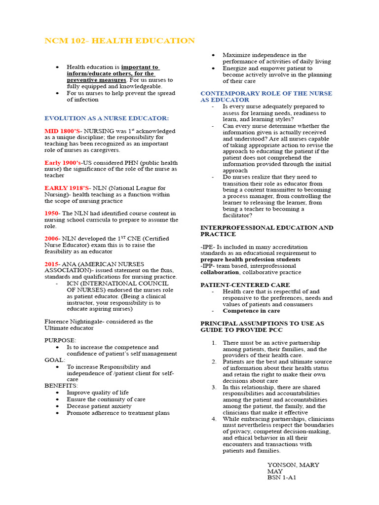 NCM 102 Notes 1 | PDF | Nursing | Patient