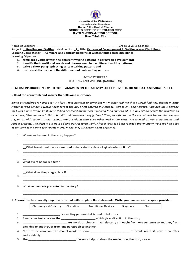 1-2 Reading & Writing Activity Sheet NARRATION & DESCRIPTION | PDF ...