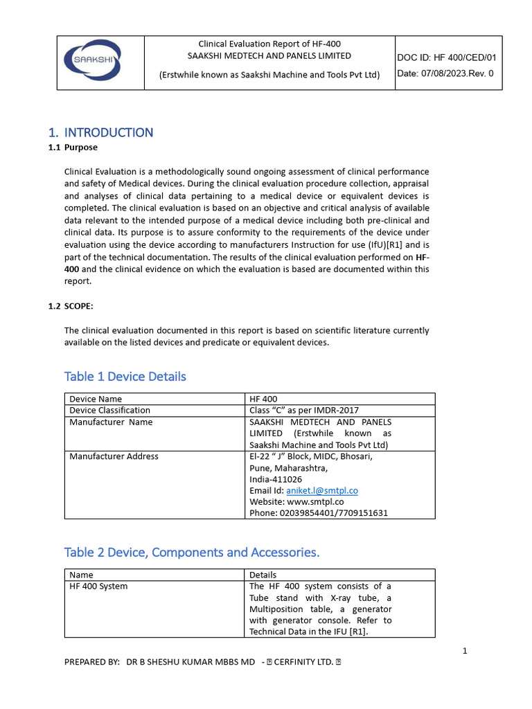 Clinical Evaluation Report HF-400 | PDF | Risk | Risk Management Clinical Evaluation Report HF-400 | PDF | Risk | Risk Management
