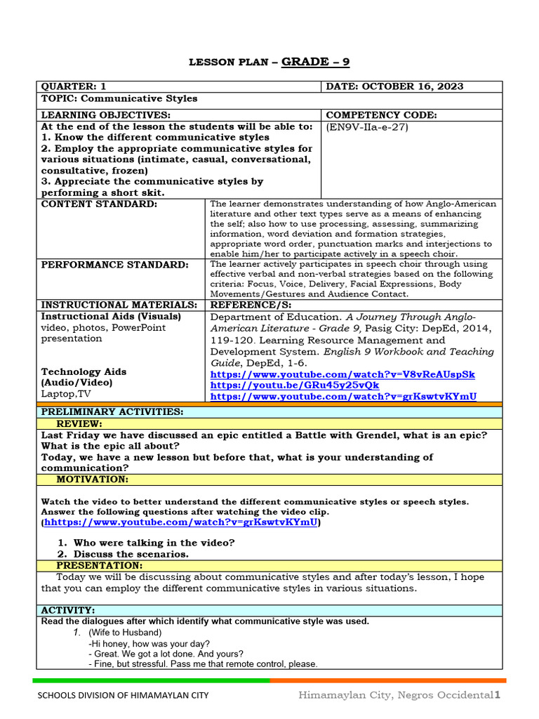 Formal, Intimate, Frozen, Casual Styles | PDF | Learning | Nonverbal ...