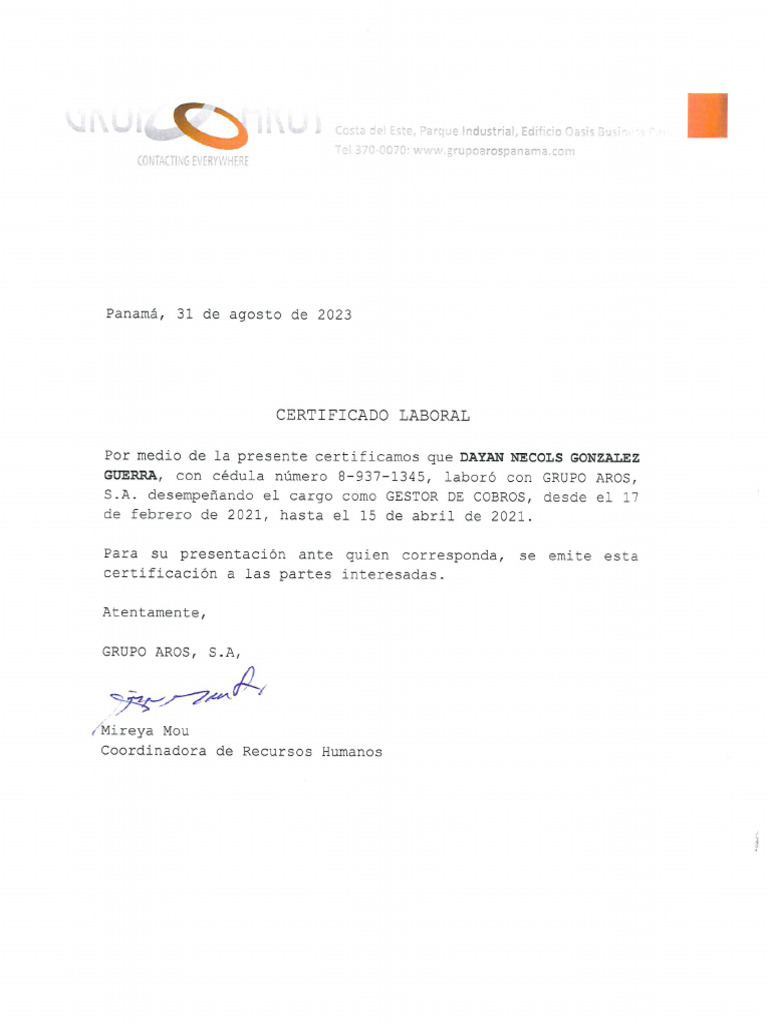Certificación Laboral Dayan Gonzalez | PDF