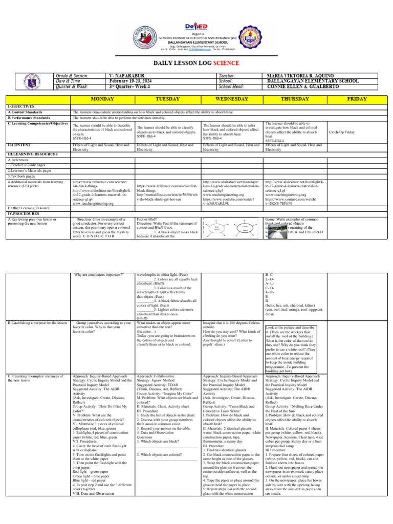 DLL - Science 5 - Q3 - W4 | PDF | Inquiry Based Learning | Color