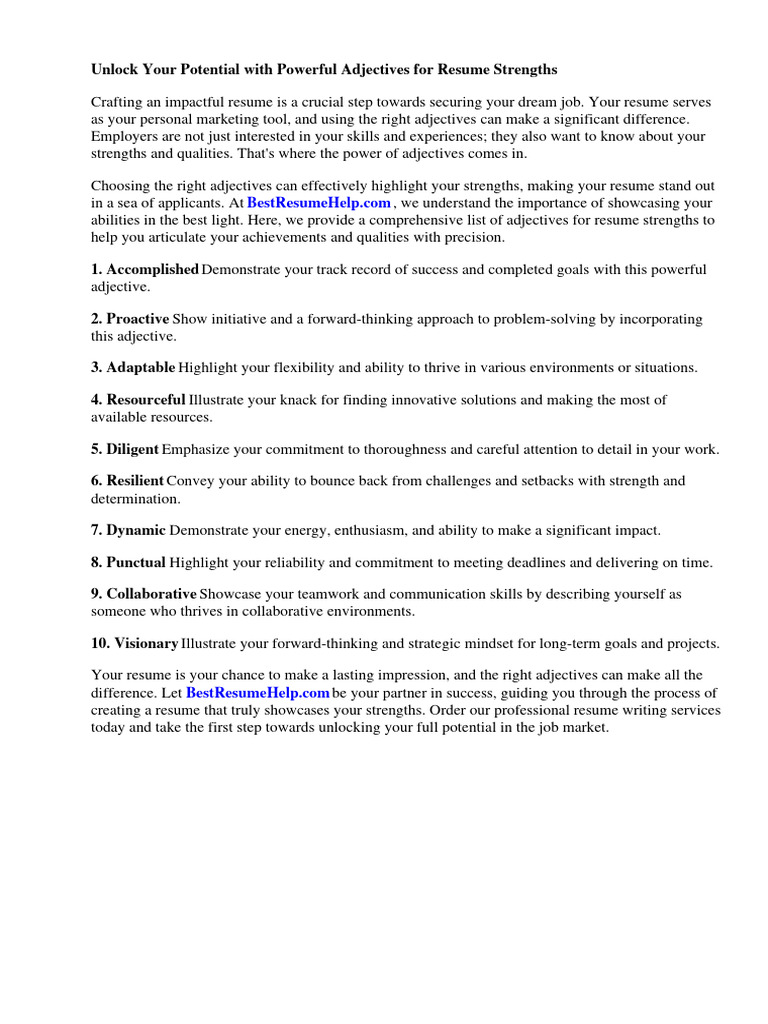 Adjectives For Resume Strengths | PDF | Résumé | Communication