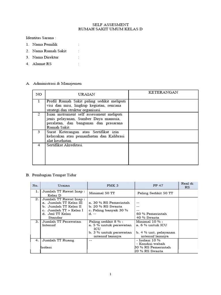 Form Self Assesment RS Kelas D - PMK 3 TH 2020 & Atau PP 47 TH 2021 | PDF | Pengembangan Diri ...