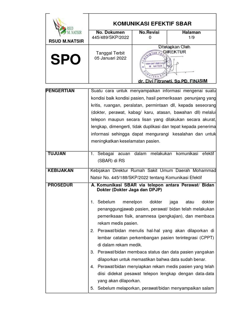 SPO KOMUNIKASI EFEKTIF SBAR RSUD MOHAMMAD NATSIR Compressed | PDF ...