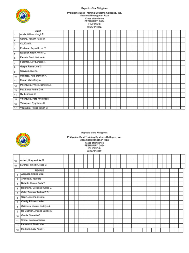 Filipino 8 Sapphire Class Attendance Feb 2024 | PDF