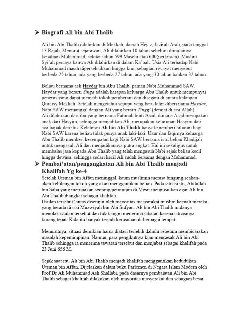 Biografi Ali Bin Abi Thalib | PDF | Politik | Sejarah