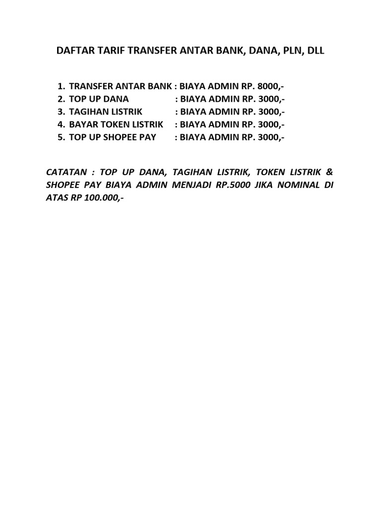 Tarif Transfer dan Biaya Admin 2023 | PDF | Bisnis | Pengelolaan ...