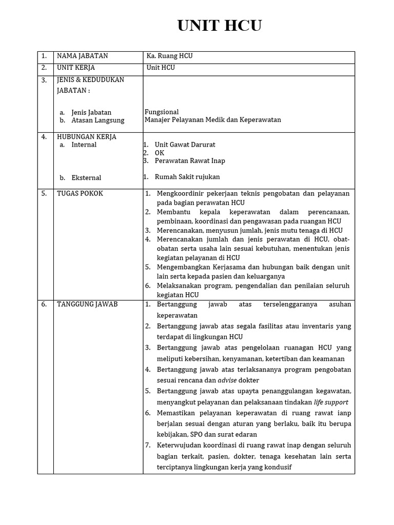 Uraian Tugas Kepala Ruangan Unit HCU | PDF