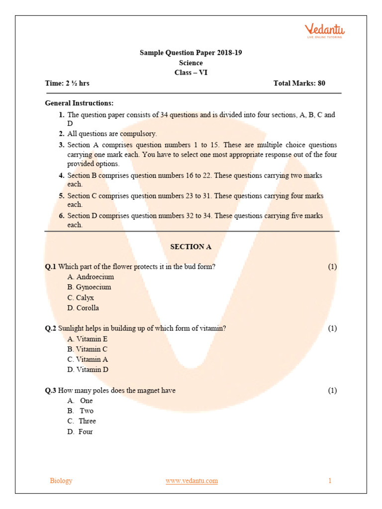 Class 6 Science Sample Question Paper | PDF | Textiles | Water