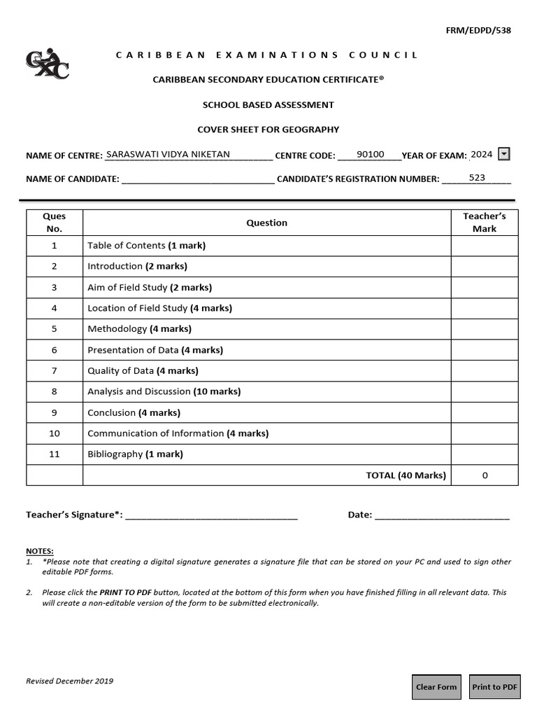 CSEC Geog CoverSheetForESBA Fillable Dec2019 | PDF | Information Science | Computing