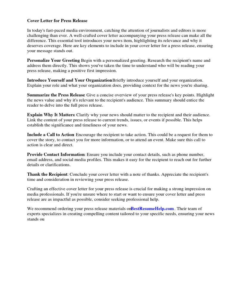 Cover Letter For Press Release Sample | PDF | Press Release | News