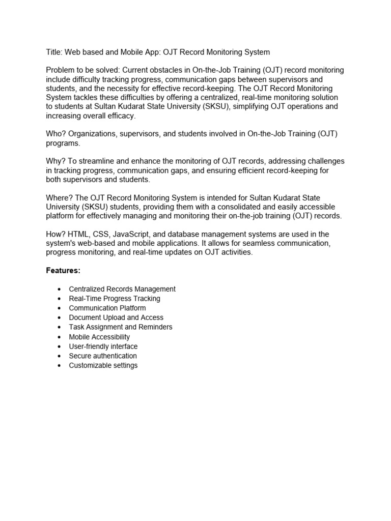 Web Based and Mobile App OJT Record Monitoring System | PDF