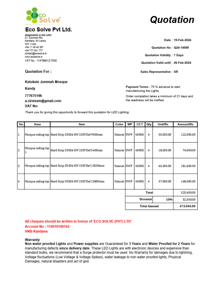 Quotation of Katukele Jummah Mosque | PDF | Electronics | Electricity