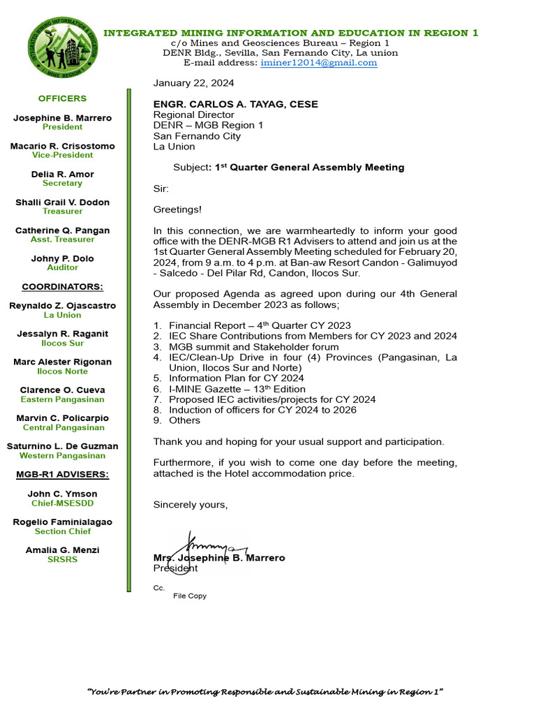I-MINE Letter To DENR MGB R1 - Regional Director | PDF