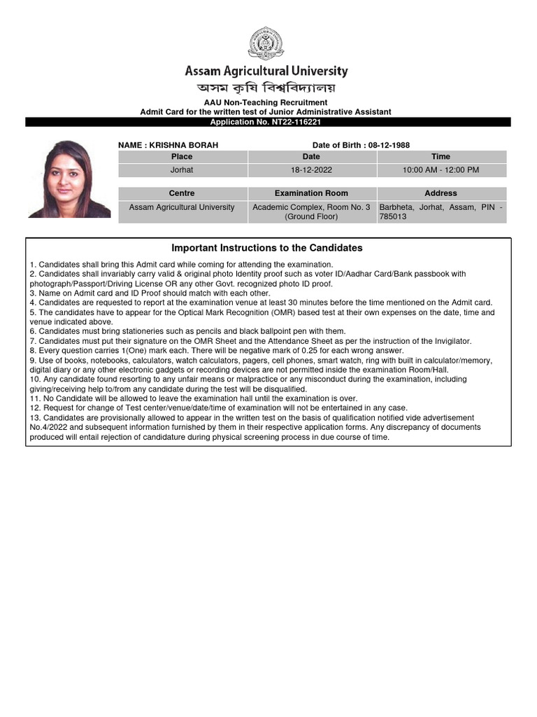Aau Admit Card Krishna Borah Nt22 116221 | PDF | Government And Personhood